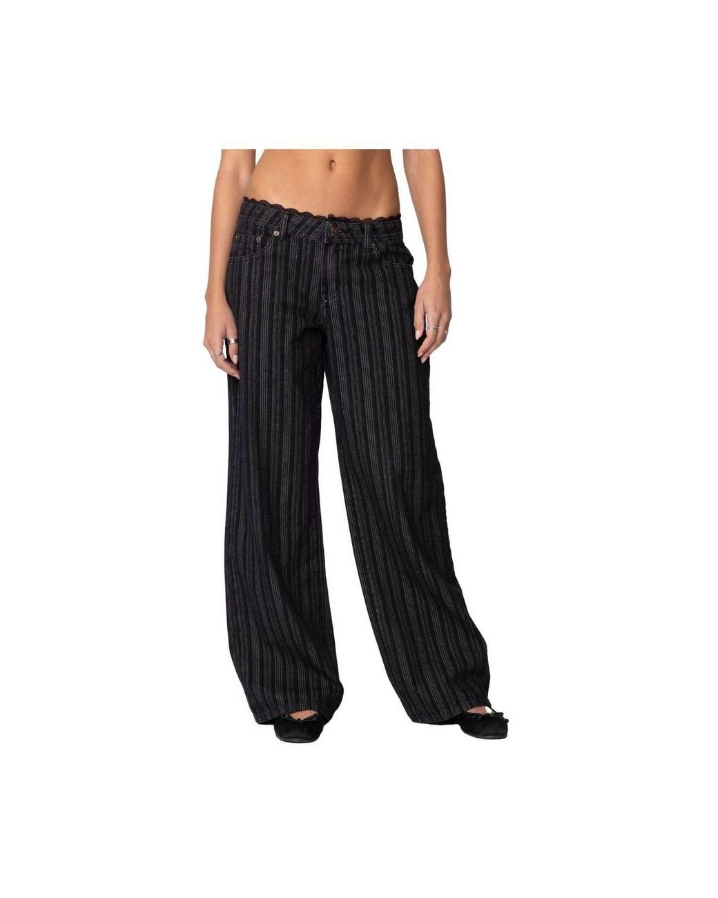 Edikted Lace Trim Striped Low Rise Jeans in Black | Lyst