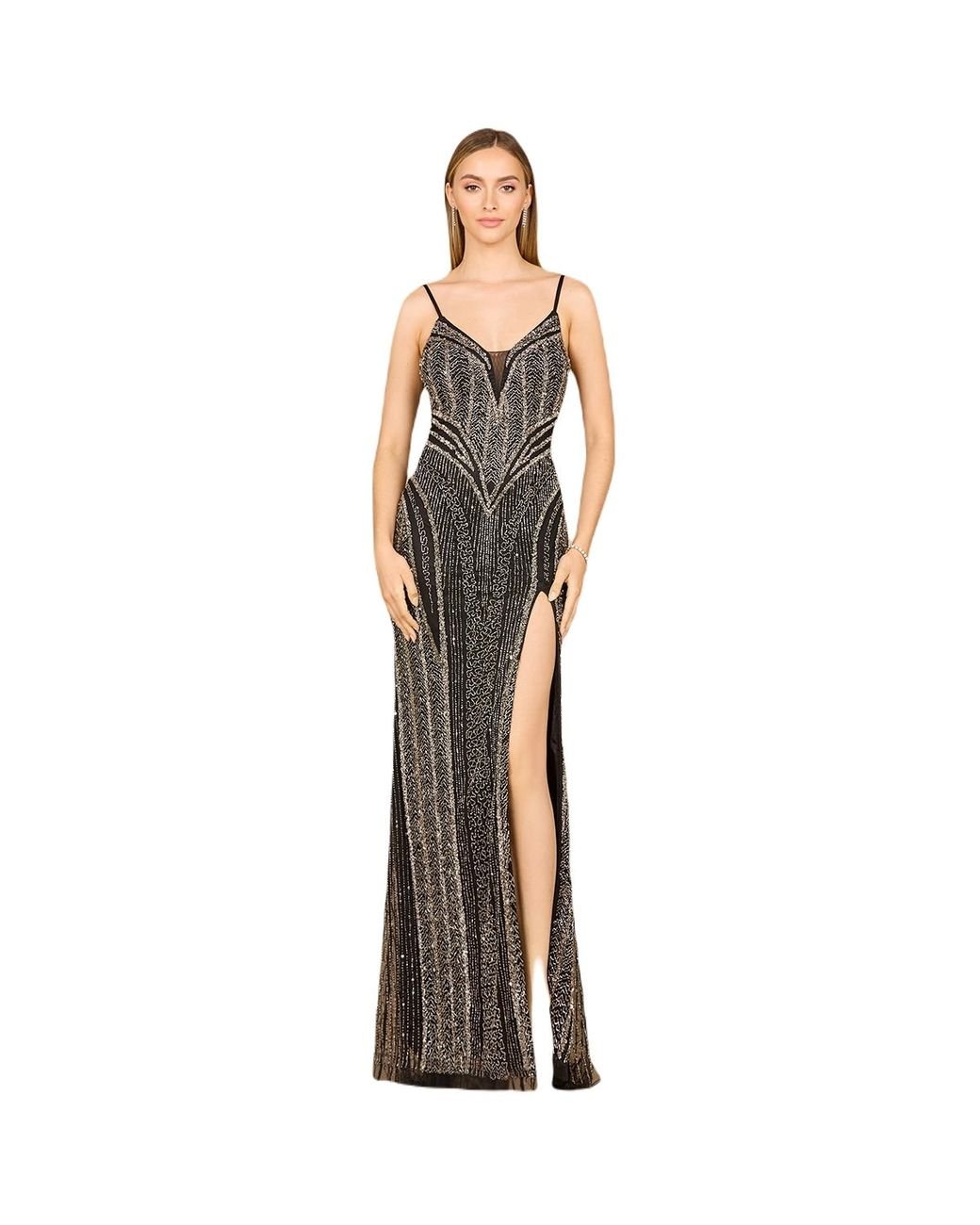 Lara Spaghetti Strap Beaded Gown in Metallic | Lyst