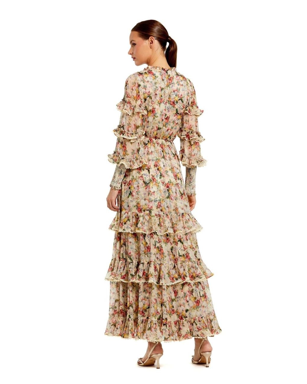 Mac Duggal Floral Tiered Ruffle Midi Dress in Natural | Lyst