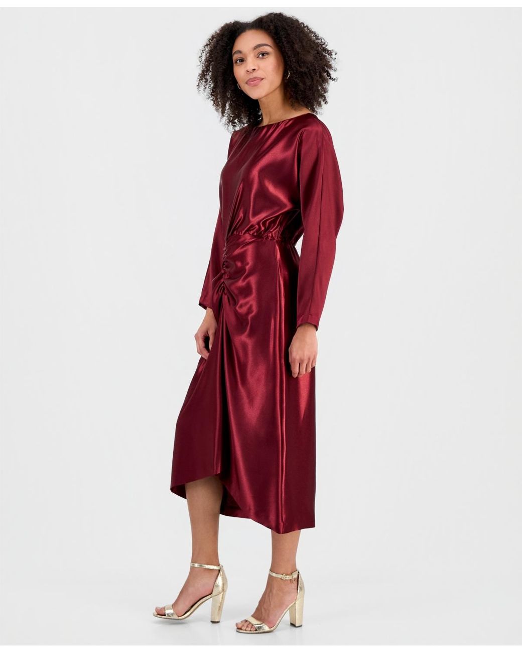 Julia Jordan Ruched Dolman-sleeve Boat-neck Midi Dress in Red | Lyst