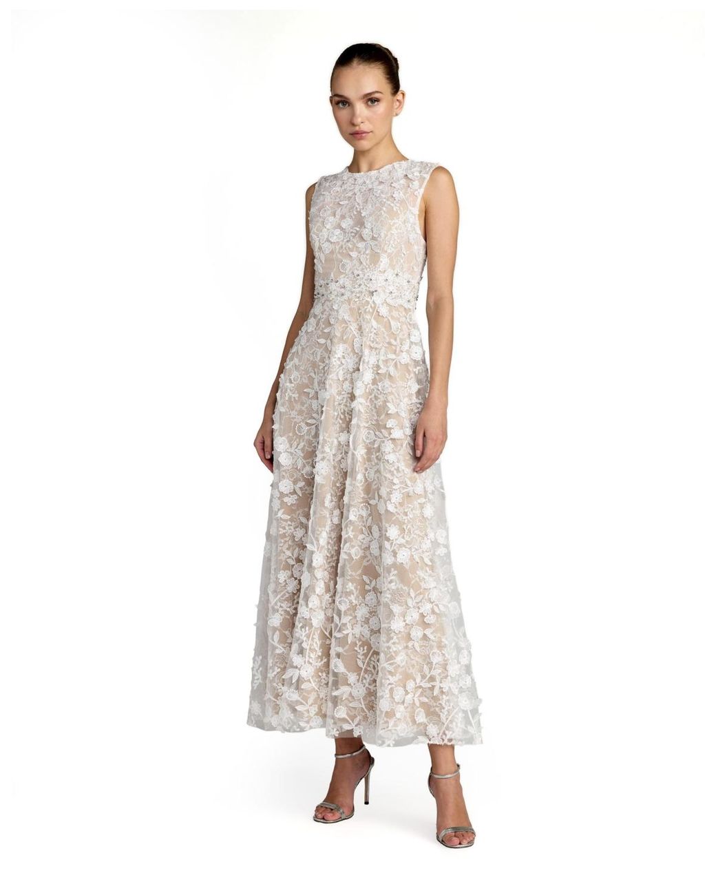Mac Duggal Floral Embroidered High Neck Midi Dress in Natural | Lyst