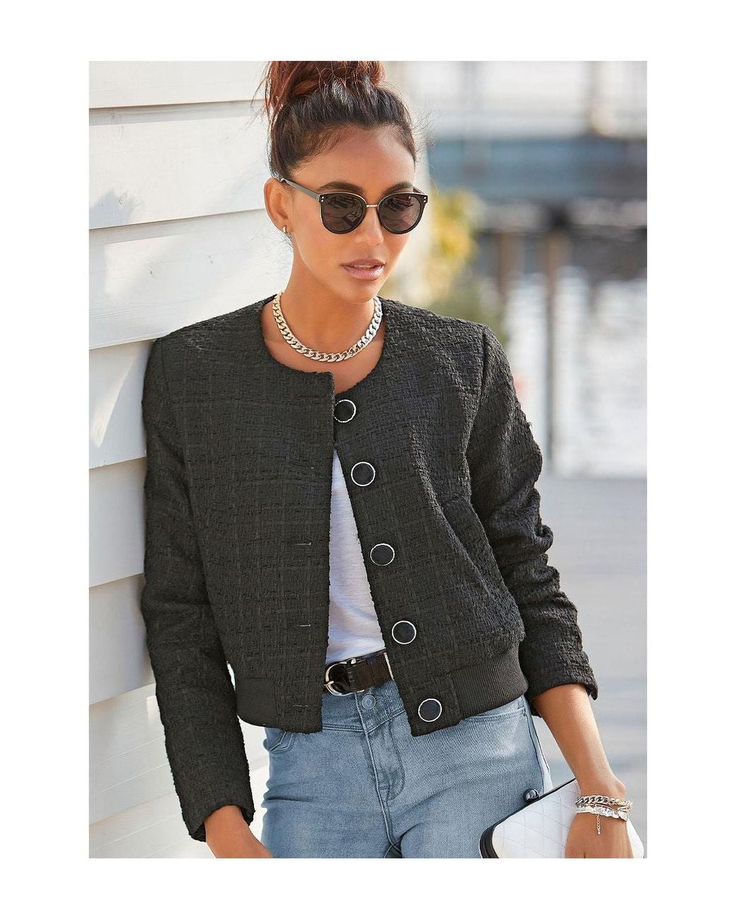 Lascana Round Neckline Tweed Jacket in Black | Lyst