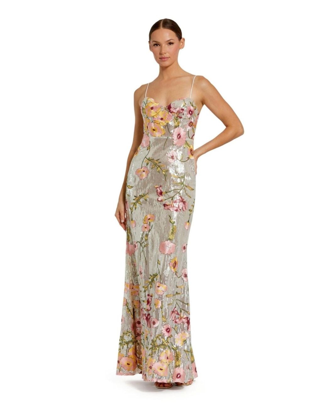 Mac Duggal Sleeveless Bustier Floral Applique Gown in Metallic | Lyst