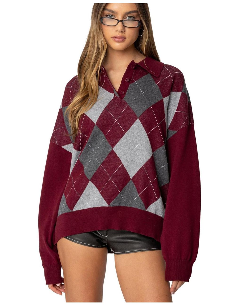 Edikted Argyle Oversized Polo Sweater in Red | Lyst