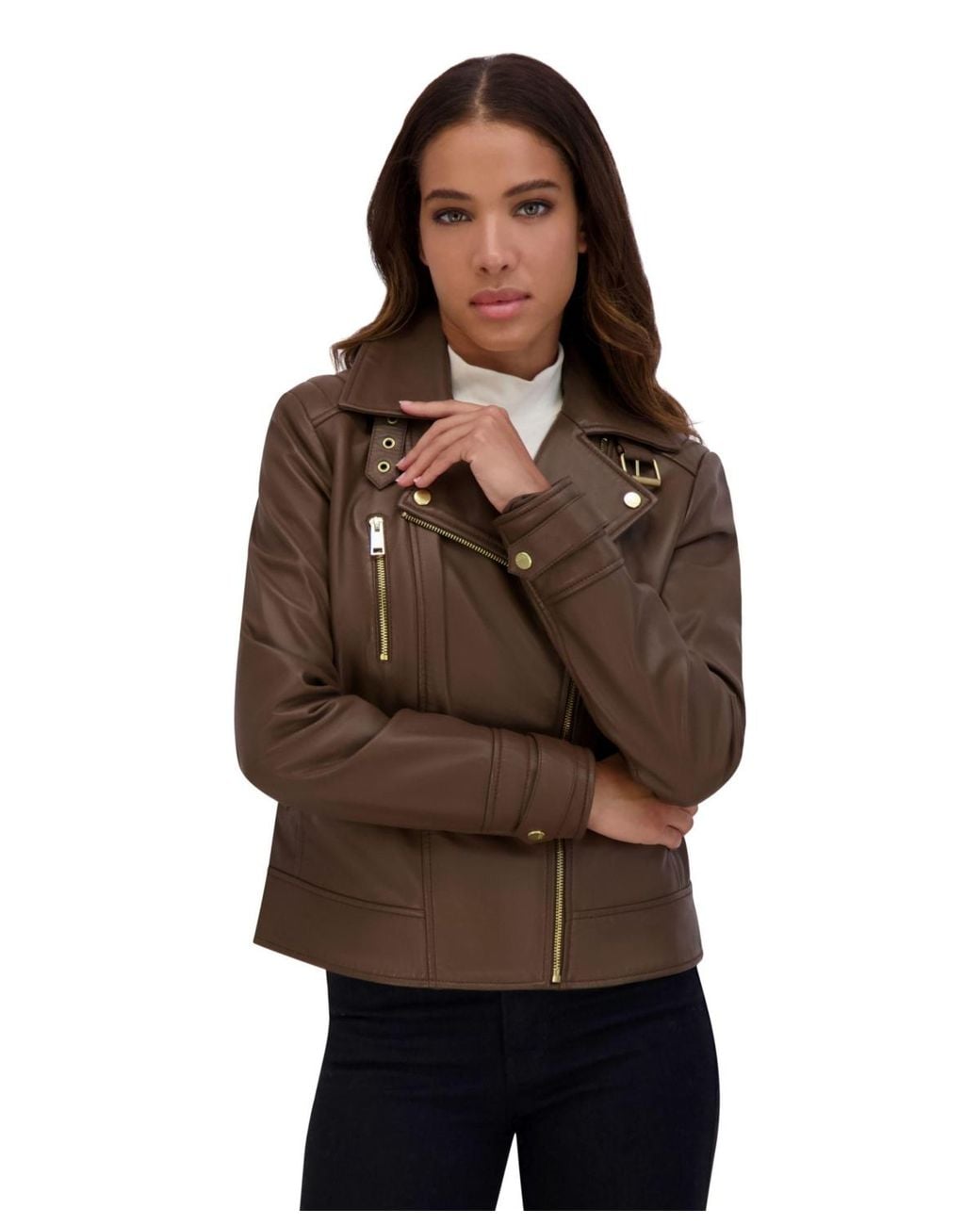 Andrew Marc Salla Smooth Asymmetrical Lamb Leather Moto Jacket in Brown ...