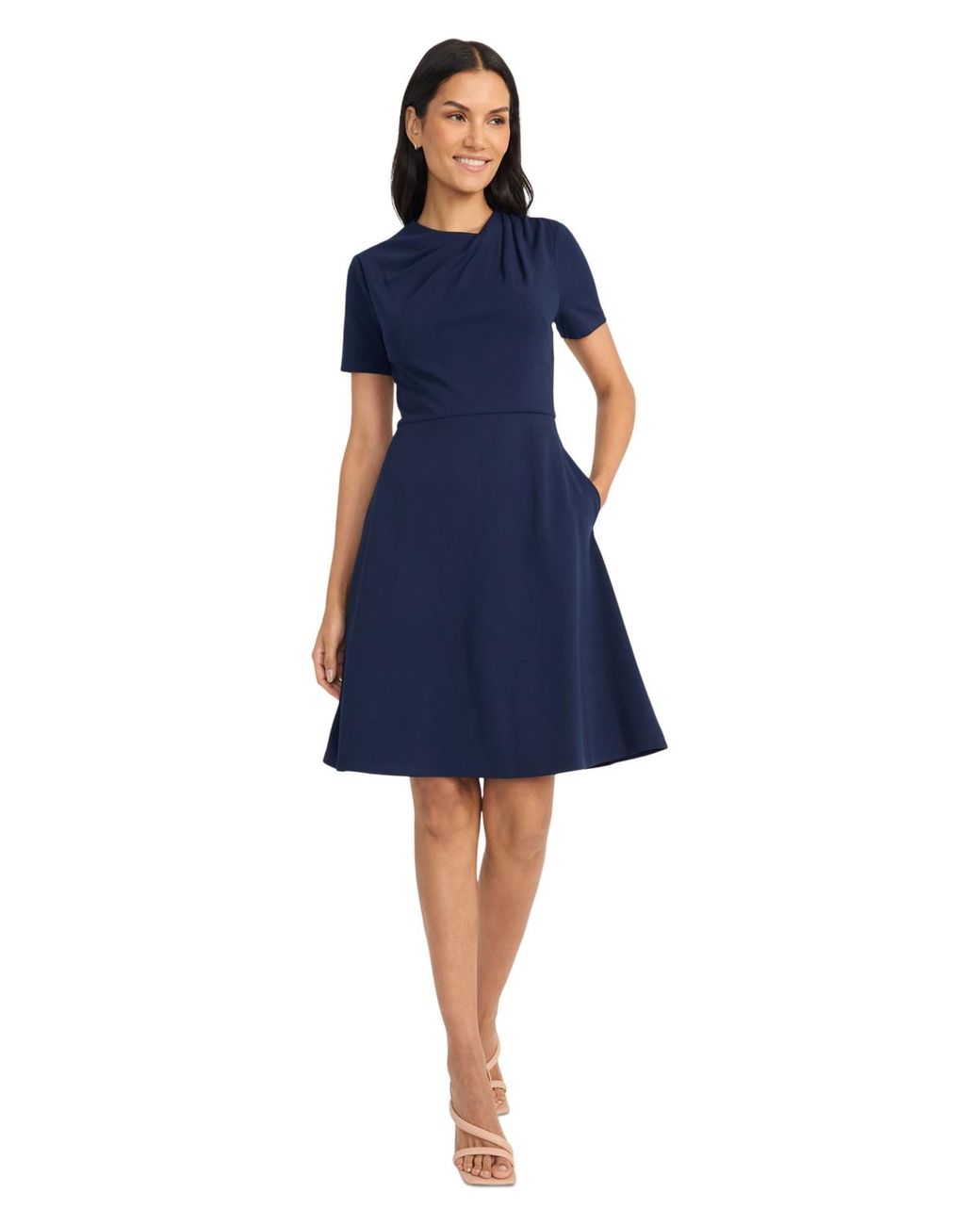 Maggy London Solid Asymmetric-neck Flared Dress in Blue | Lyst
