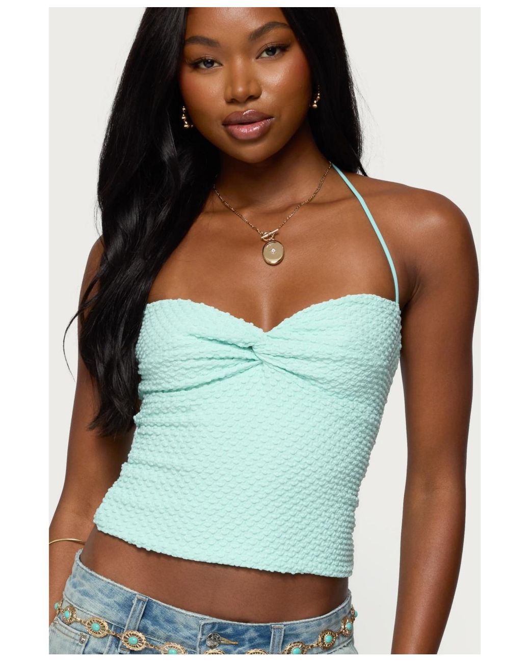Edikted Zoee Twisted Textured Halter Top in Green | Lyst