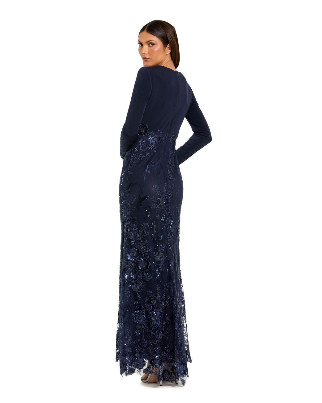Mac Duggal Embellished Long Sleeve Wrap Over Trumpet Gown in Blue | Lyst