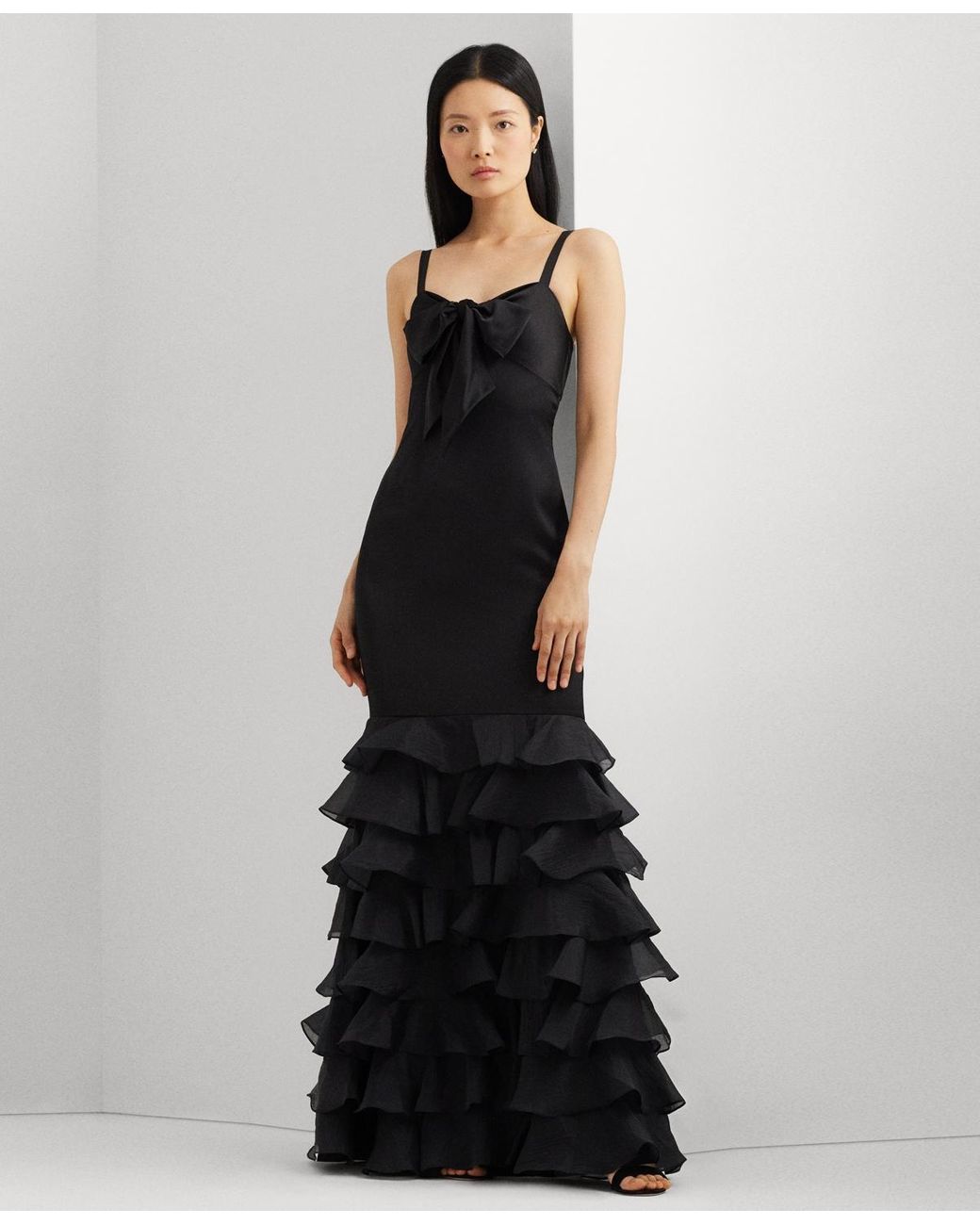 Ralph Lauren Satin Tiered Ruffled Gown in Black | Lyst
