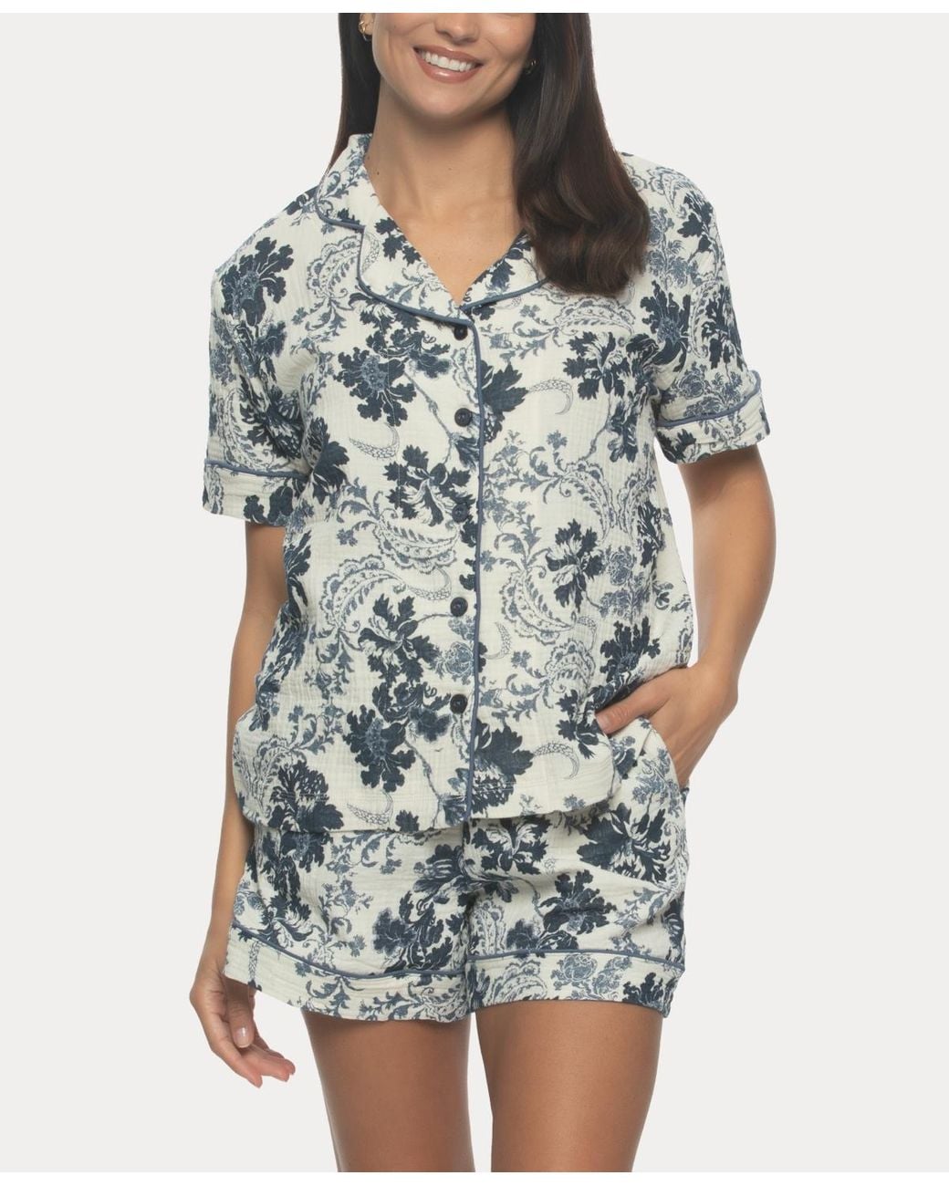 Felina Calista Cotton Gauze Short Sleeve Pajama Short Set in Blue | Lyst