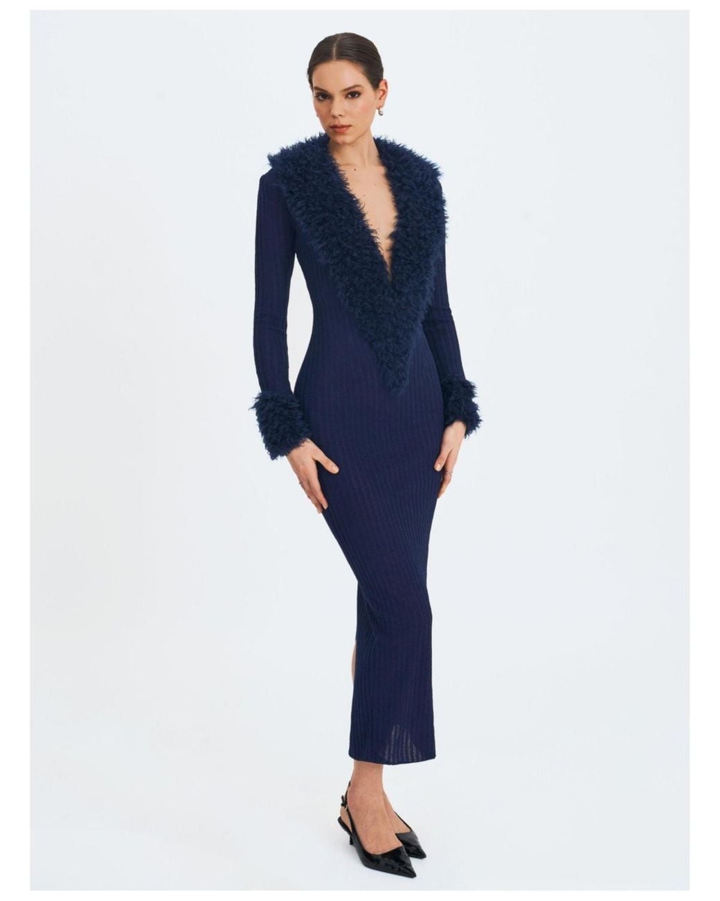 Miss Circle Romina Plunging Fur Trimmed Crochet Maxi Dress in Blue | Lyst