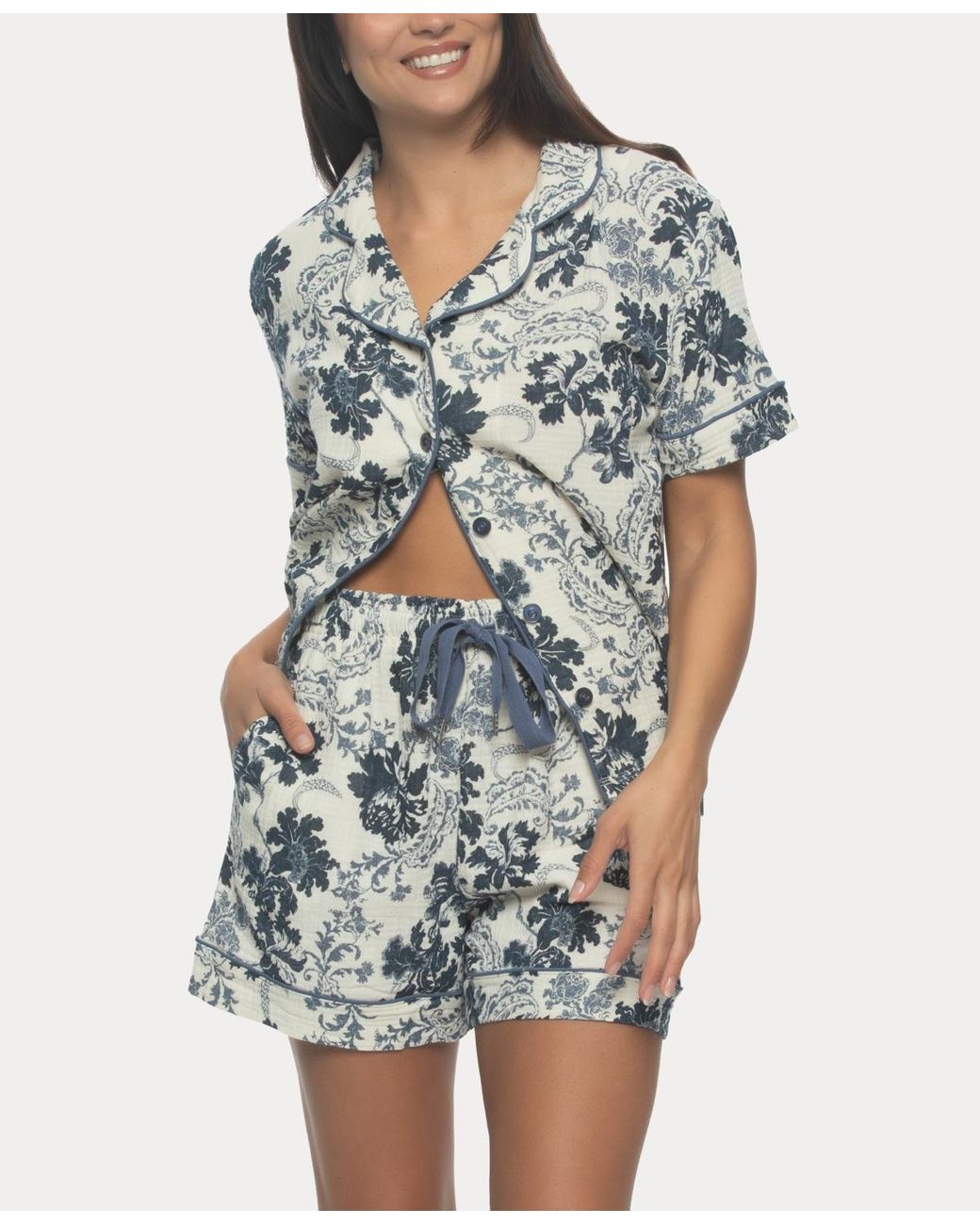 Felina Calista Cotton Gauze Short Sleeve Pajama Short Set in Blue | Lyst