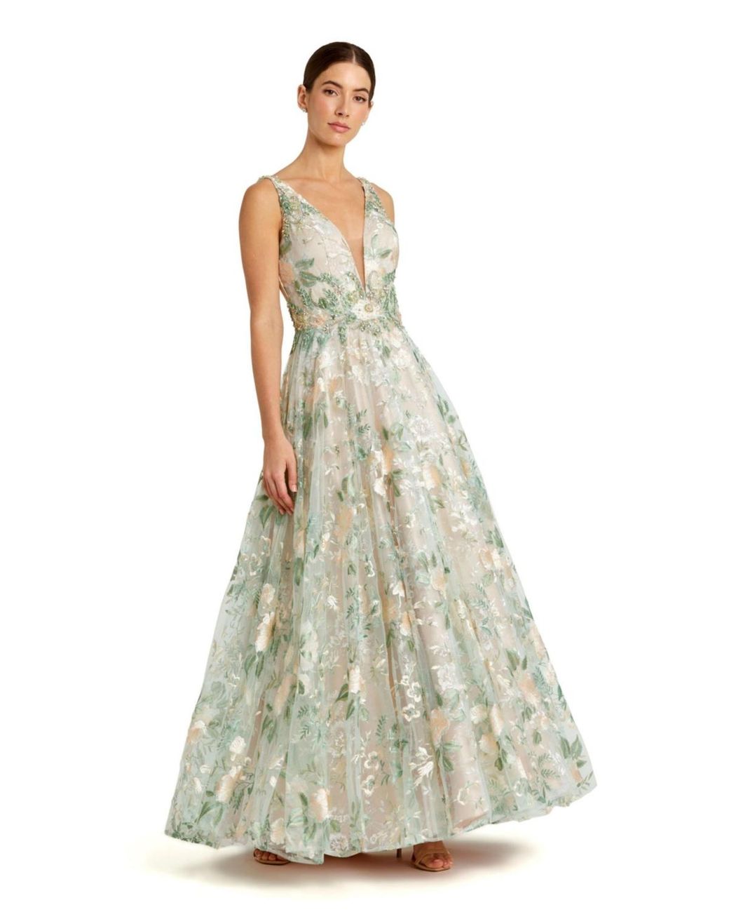 Mac Duggal Floral Embroidered Illusion V-neck Gown in White | Lyst