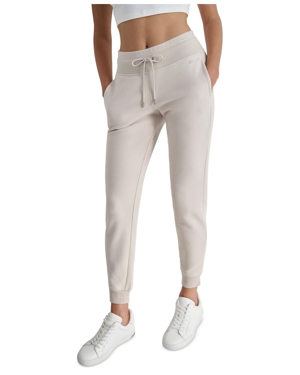 DKNY Sport Drawstring Rhinestone Logo Fleece jogger Sweatpants in Natural | Lyst