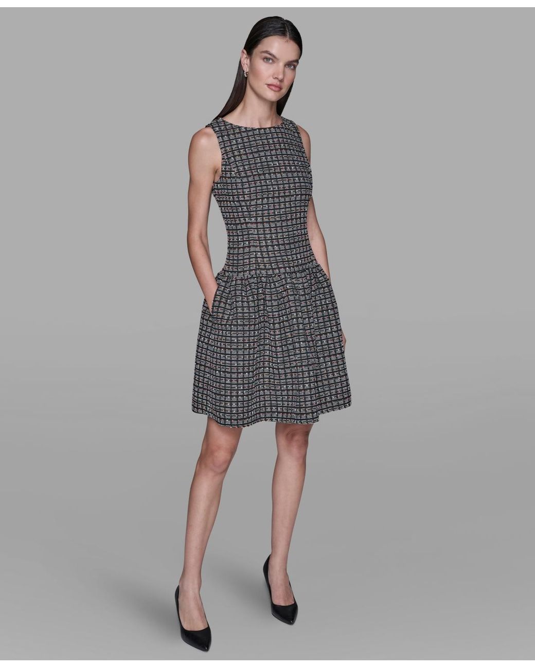 KARL LAGERFELD Mini Grid Nubby Tweed Sheath Dress in Gray | Lyst