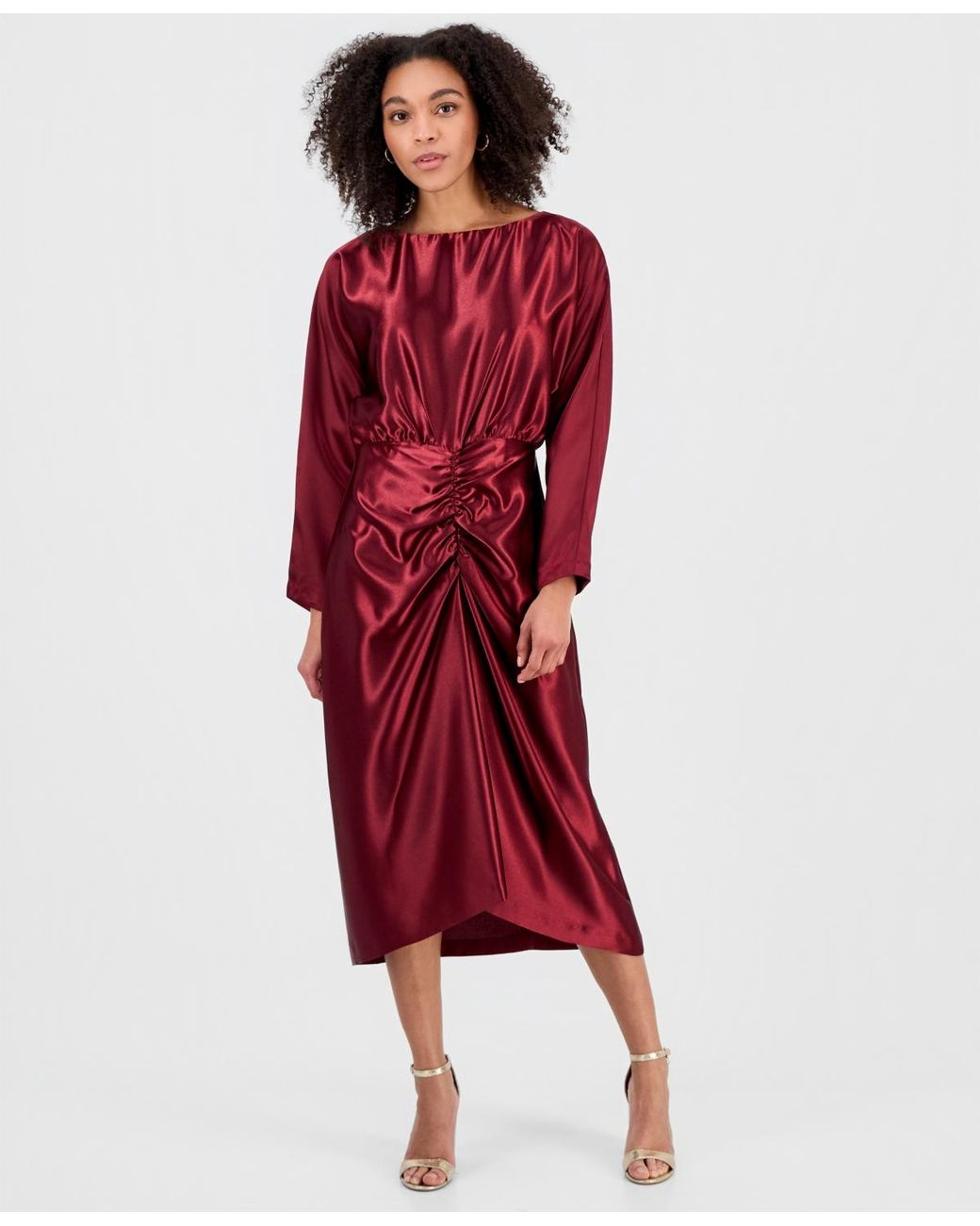 Julia Jordan Ruched Dolman-sleeve Boat-neck Midi Dress in Red | Lyst
