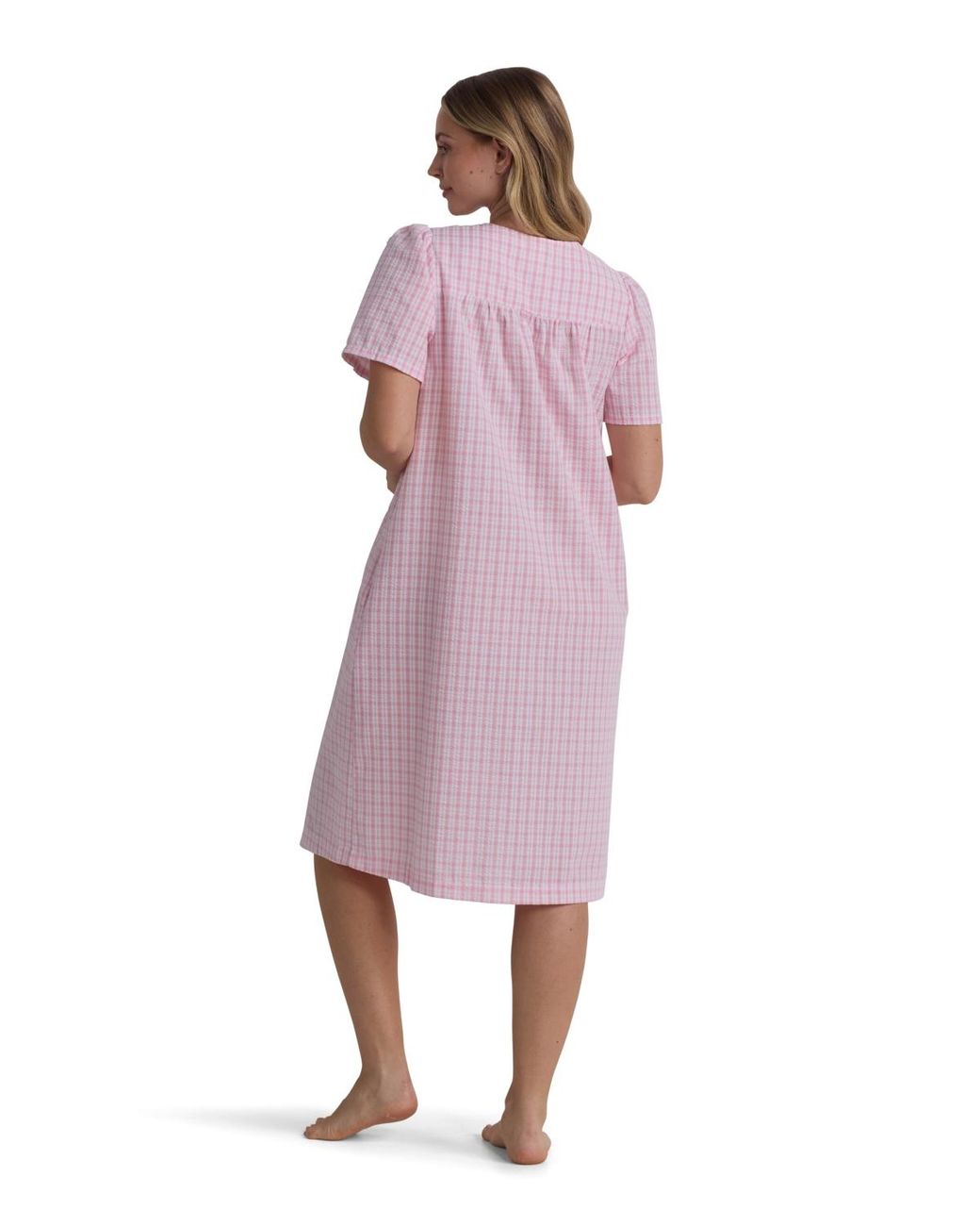 Miss Elaine Window Pane Printed Square Neck Short Grip Robe in Pink | Lyst