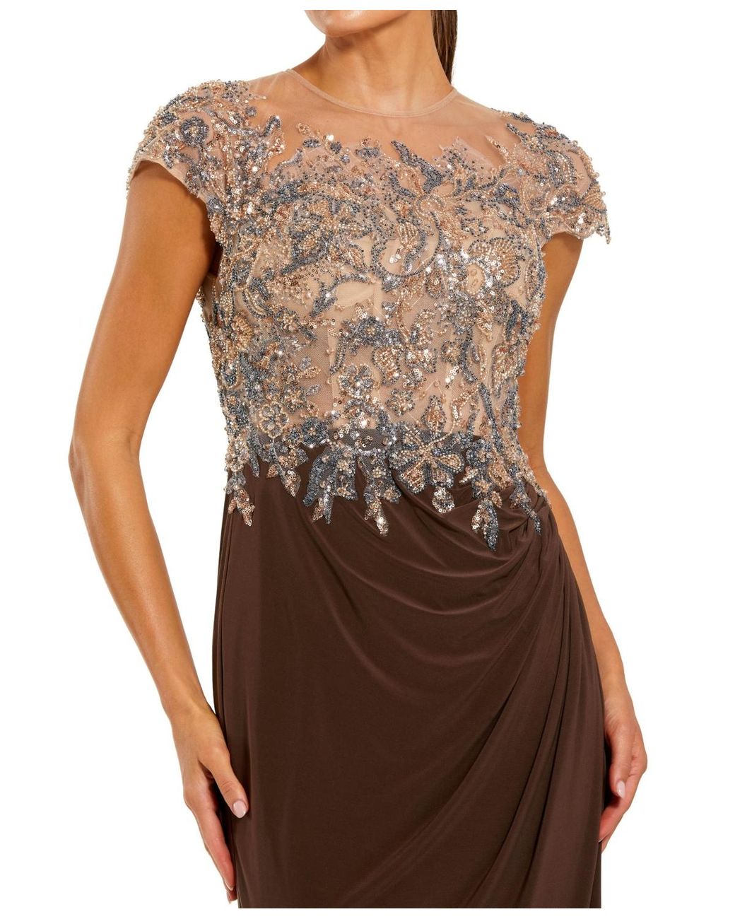 Mac Duggal Crystal-embellished Jersey Evening Gown in Brown | Lyst