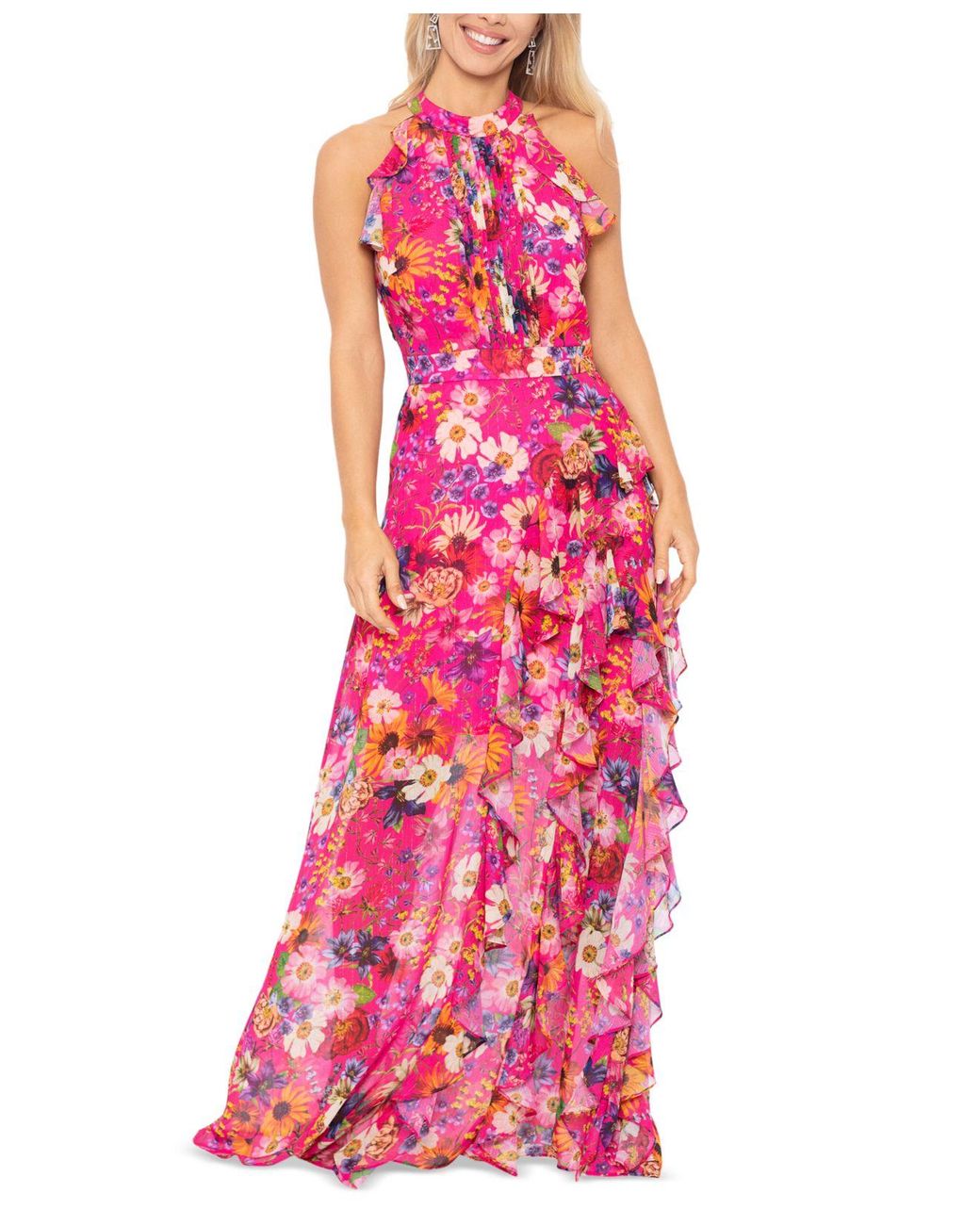 Betsy And Adam Floral Print Ruffled Halter Gown In Pink Lyst