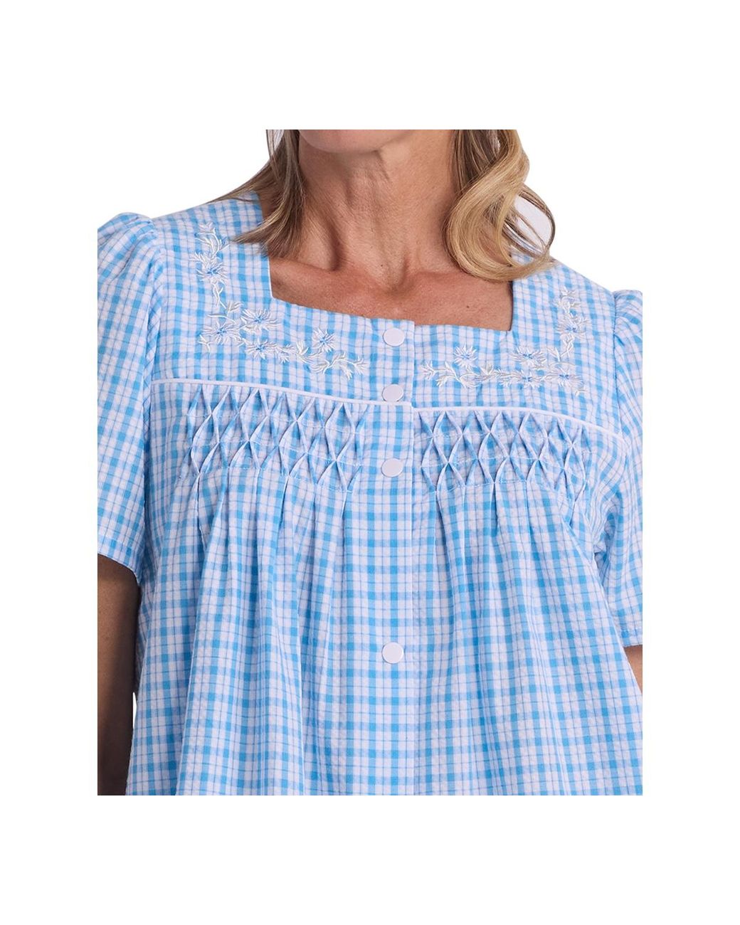 Miss Elaine Window Pane Printed Square Neck Short Grip Robe in Blue | Lyst