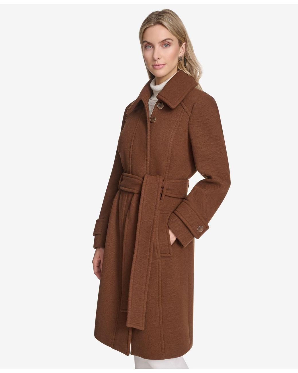 Andrew Marc Lawley Wool Blend Belted Trench Coat in Brown | Lyst
