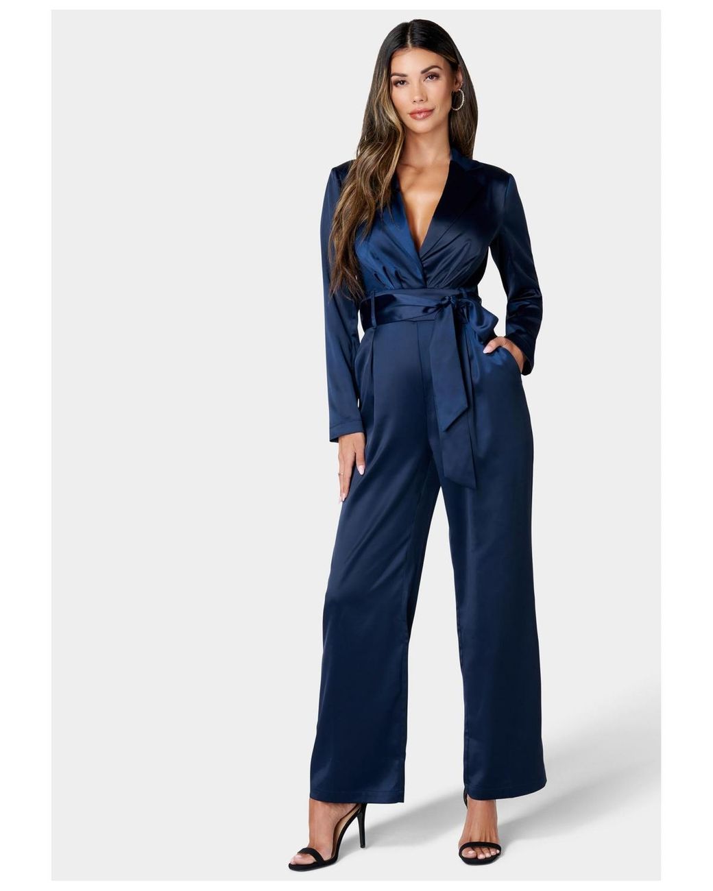 Bebe Satin Blazer Jumpsuit in Blue | Lyst