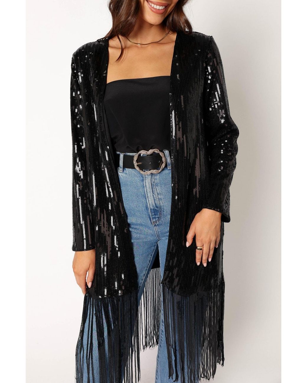 Petal & Pup Miriam Sequin Fringe Duster Trench Coat in Black | Lyst