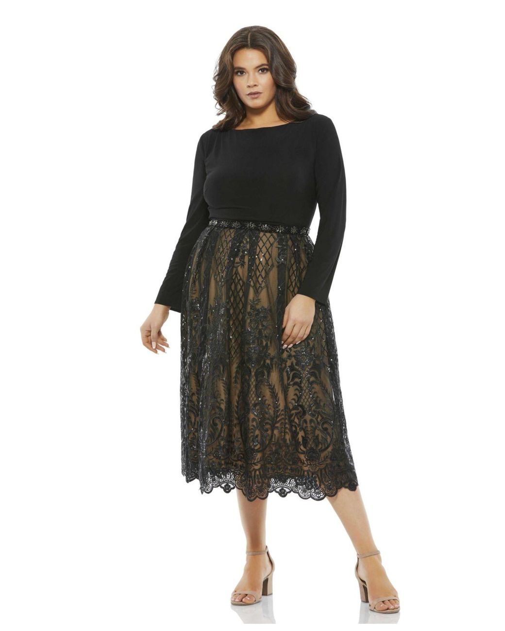 Mac Duggal Plus Size Embellished Skirt High Neck Long Sleeve Midi Dress