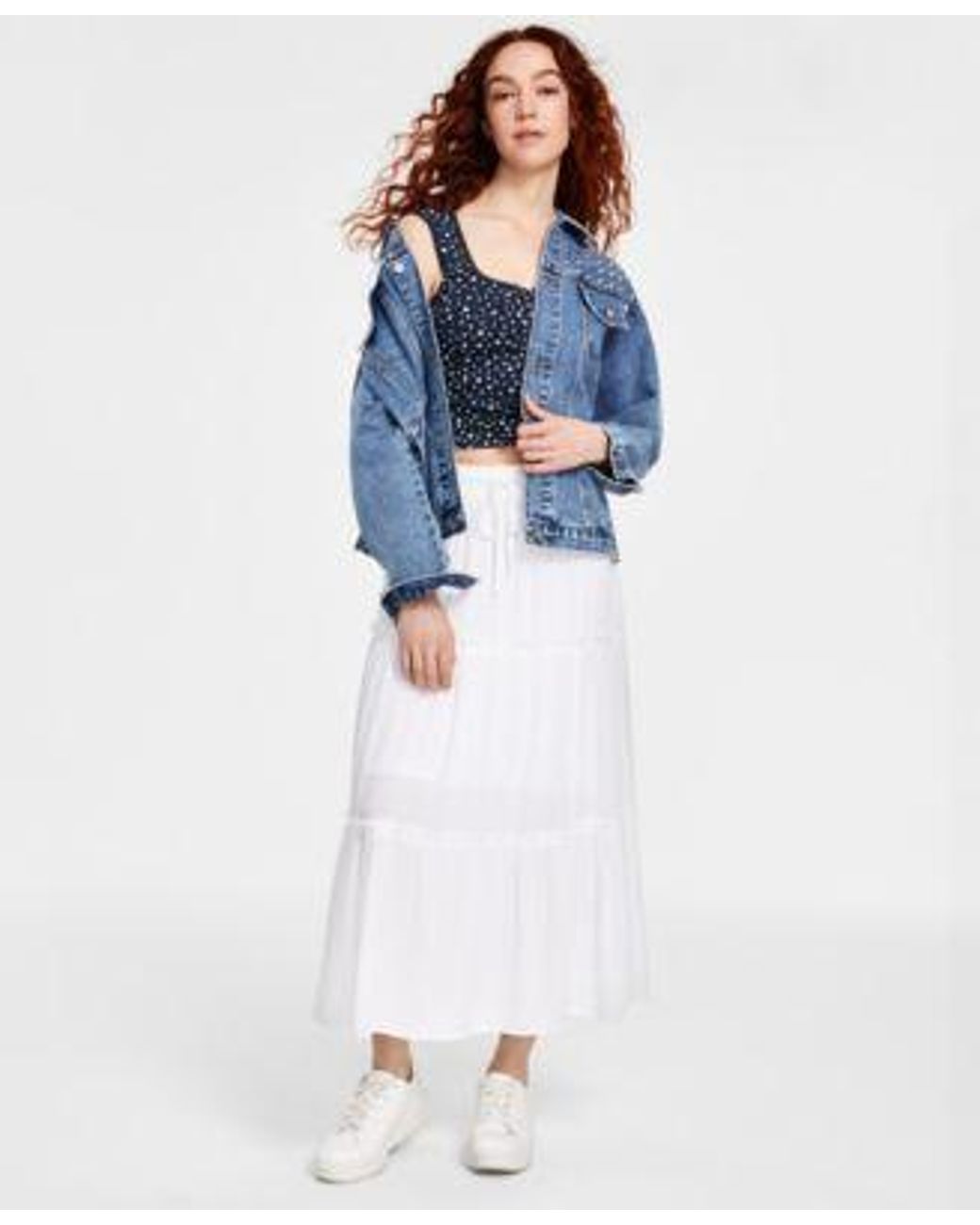 Madden Girl Studded Denim Jacket Ditsy Print Tank Tiered Maxi Skirt in ...