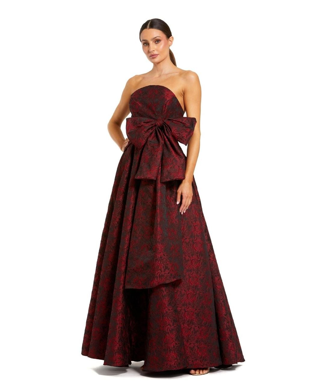 Mac Duggal Bow Detail Strapless Floral Brocade Evening Gown in Red | Lyst