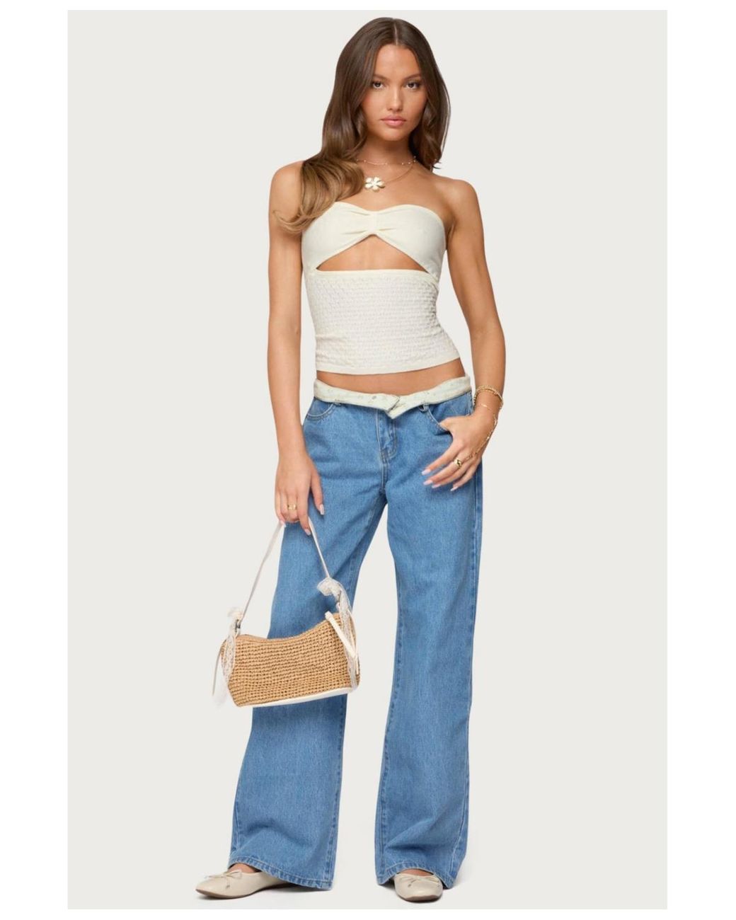 Edikted Floral Foldover Low Rise Jeans in Blue | Lyst