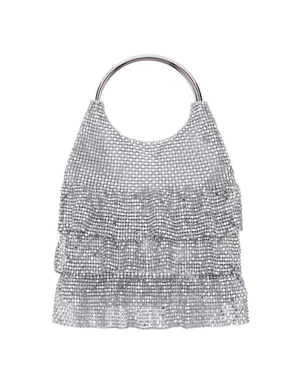 Nina 3-tiered Crystal Mesh Ruffle Pouch Bag in Gray | Lyst