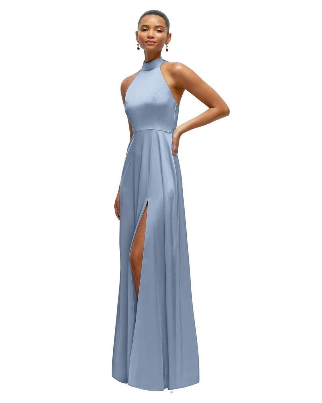 After Six Band Collar Halter Open Back Fluid Satin Maxi Dress in Blue ...