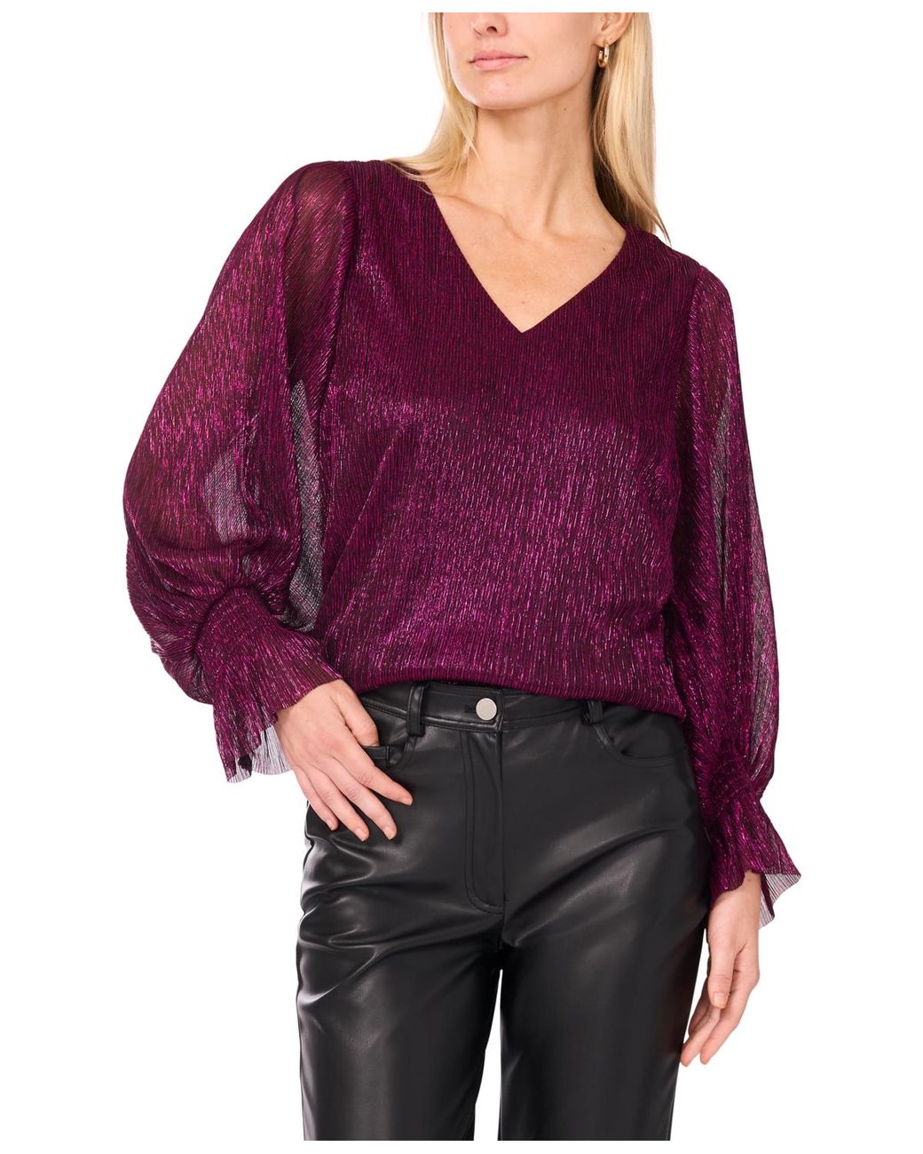 Vince Camuto Metallic V-neck Sheer-sleeve Top in Purple | Lyst