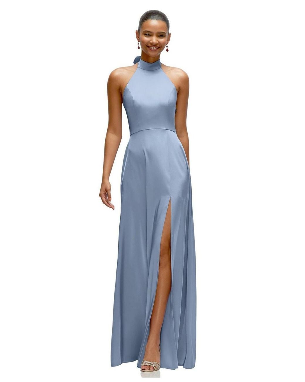 After Six Band Collar Halter Open Back Fluid Satin Maxi Dress in Blue ...