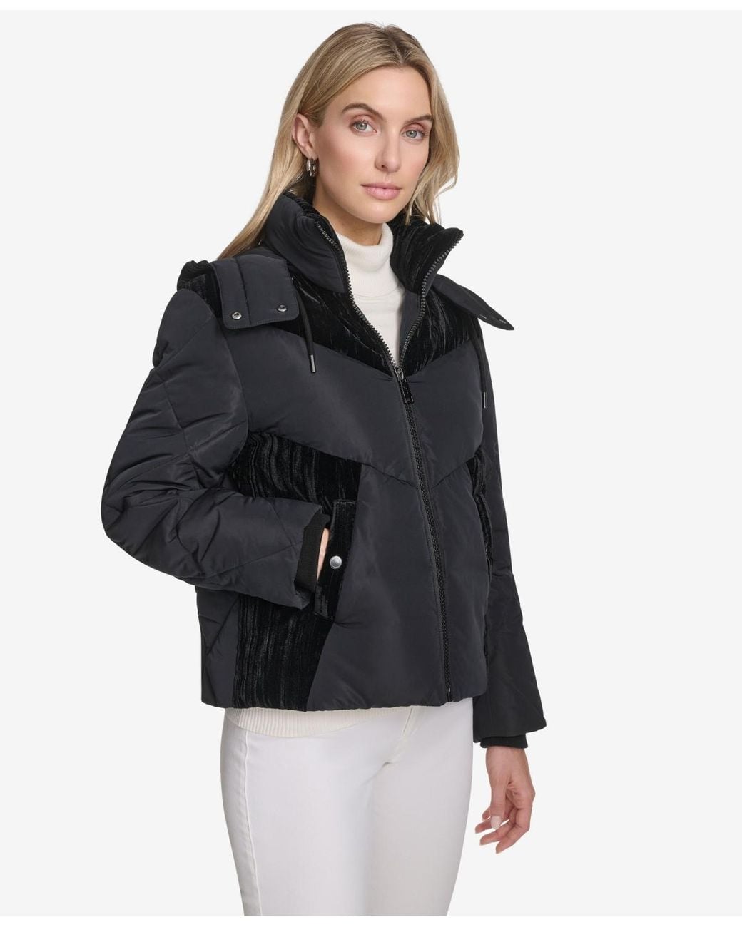 Andrew Marc Tayte Mixed Media Hooded Puffer Jacket in Blue | Lyst