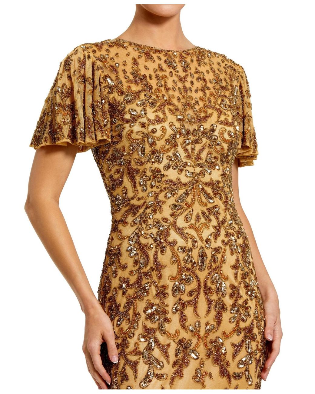 Mac Duggal Embellished High Neck Flutter Sleeve Gown in Metallic | Lyst