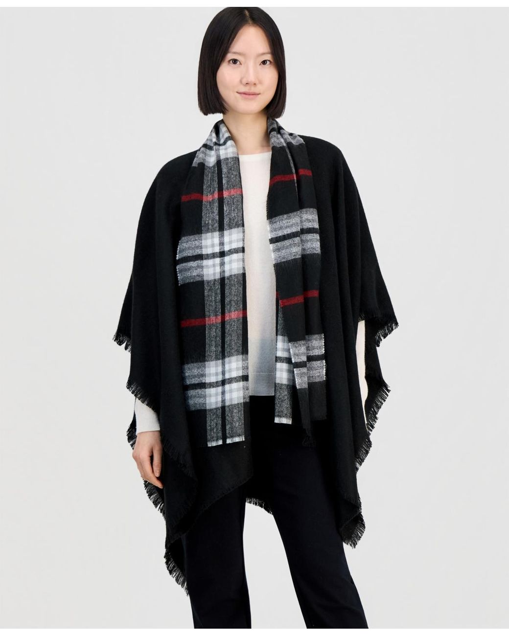 Fraas Solid Plaid Ruana Wrap in Black | Lyst