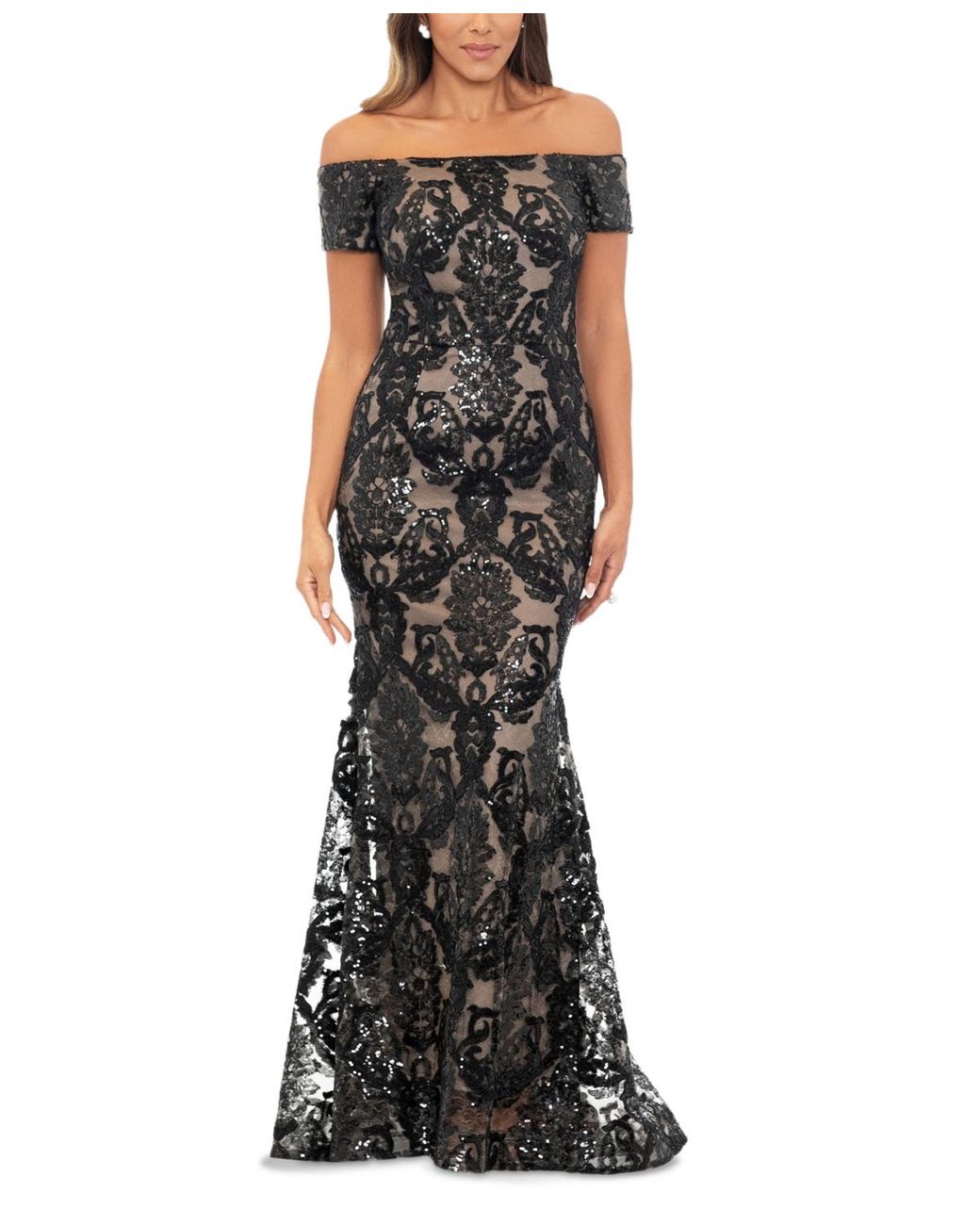 Xscape Sequined Mesh Off-the-shoulder Gown in Black | Lyst