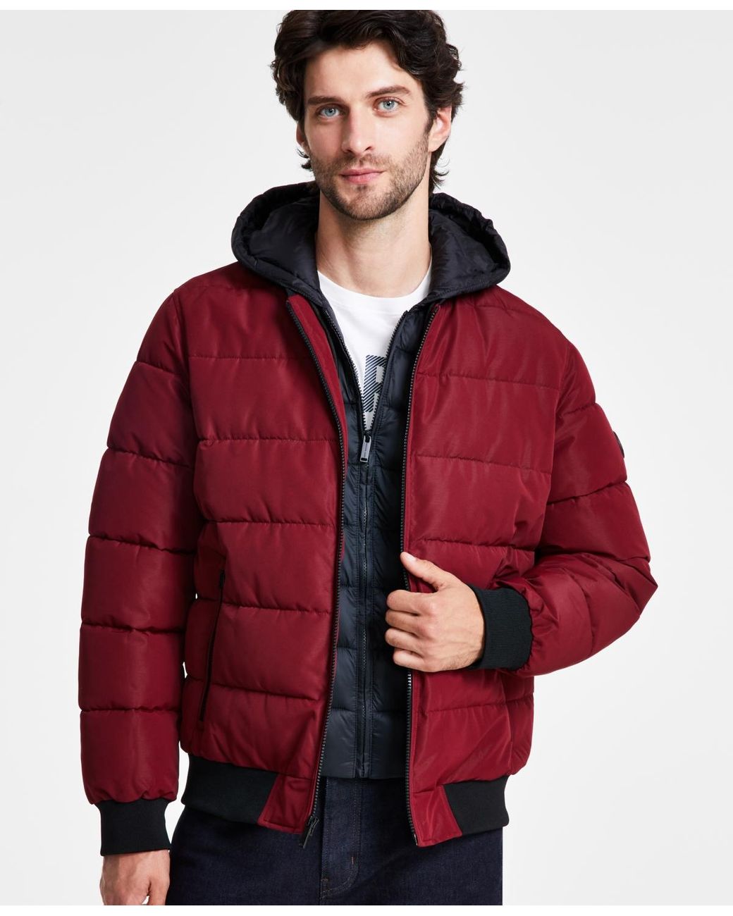 Michael Kors Hooded Puffer Bomber Jacket in Red for Men | Lyst
