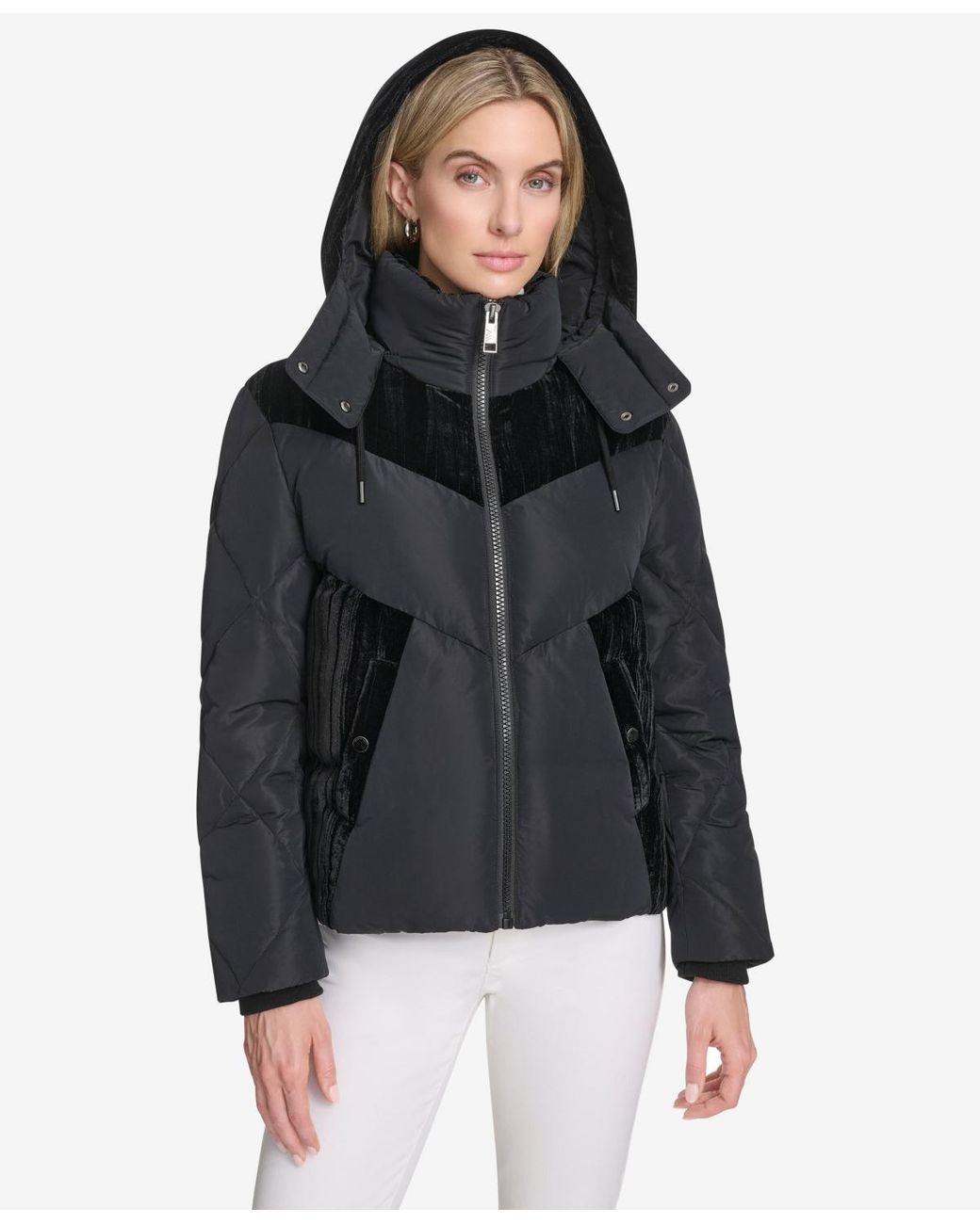 Andrew Marc Tayte Mixed Media Hooded Puffer Jacket in Blue | Lyst