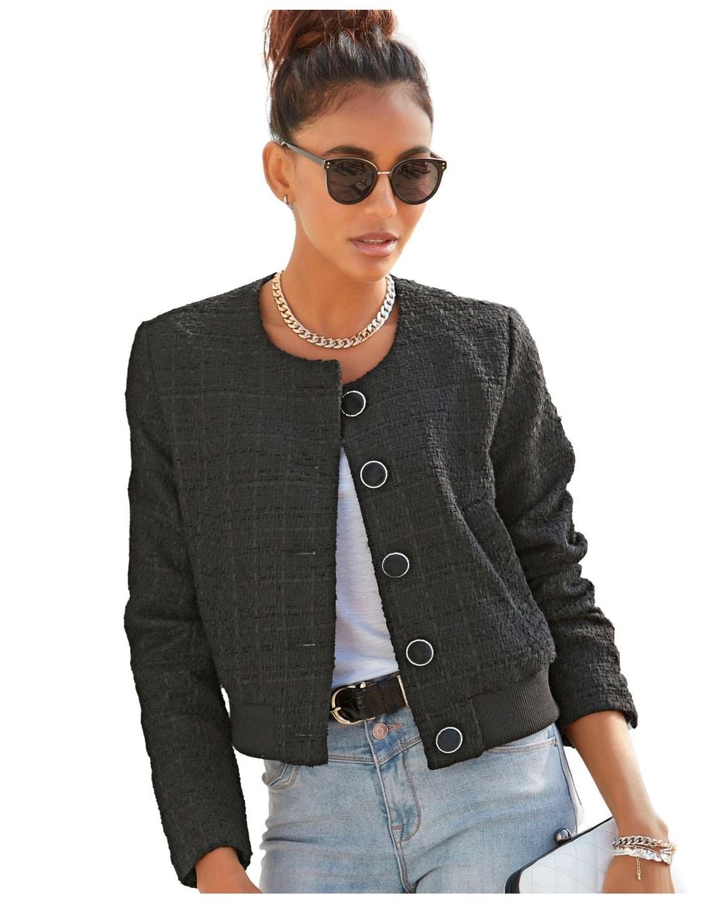 Lascana Round Neckline Tweed Jacket in Black | Lyst