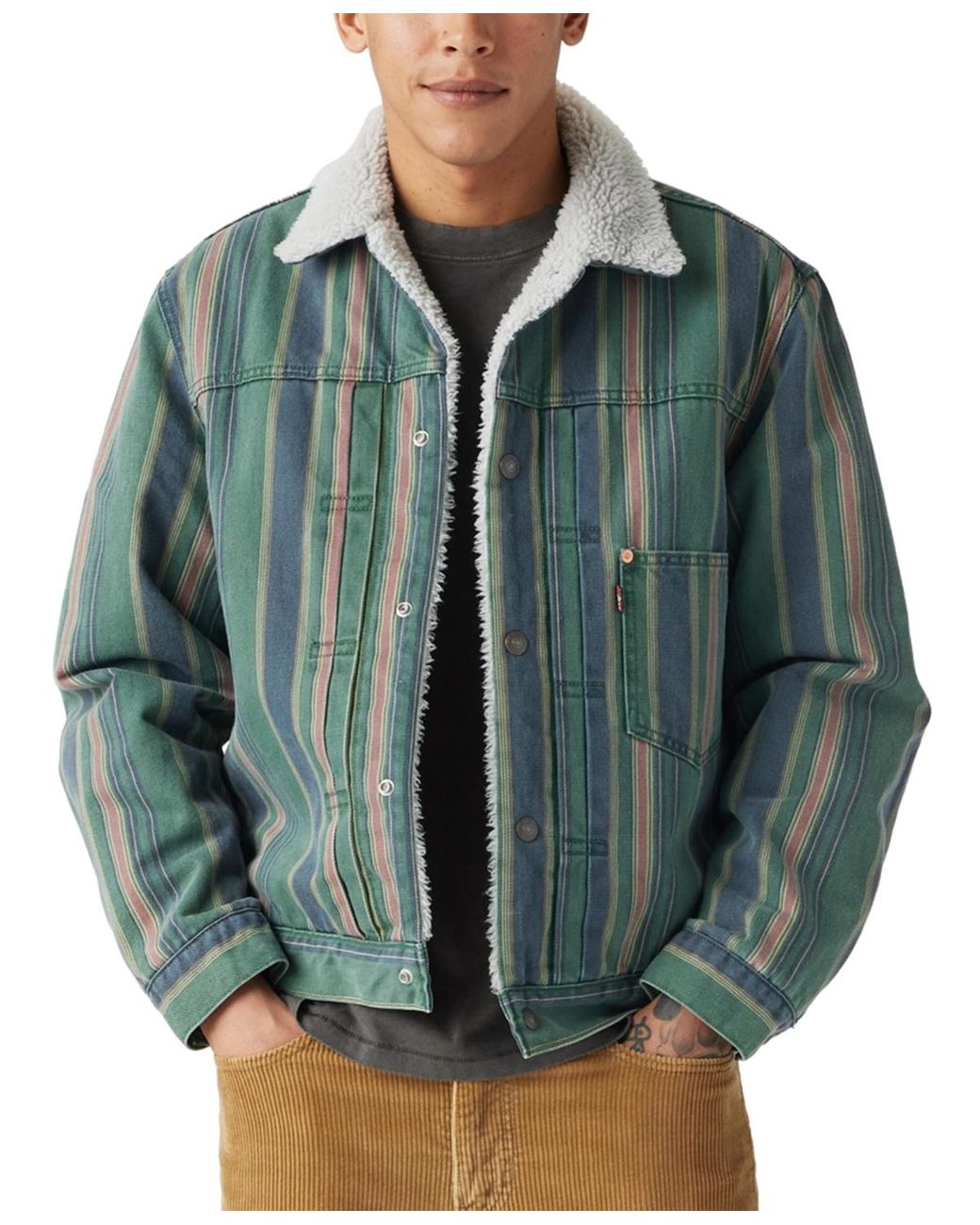 Levi's Relaxed Fit Striped Fleece-lined Trucker Jacket in Green for Men ...