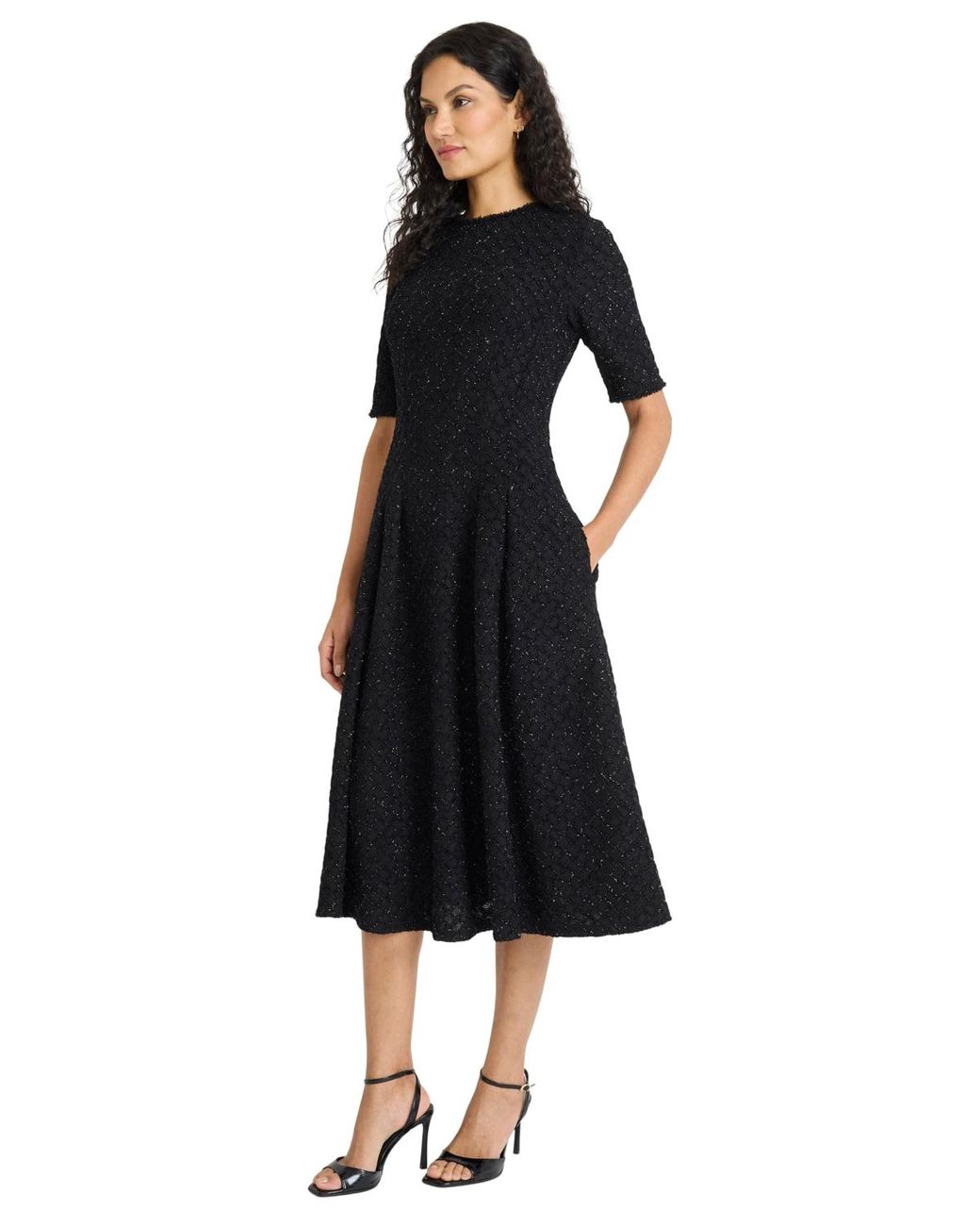 Maggy London Crewneck Metallic Midi Dress in Black | Lyst