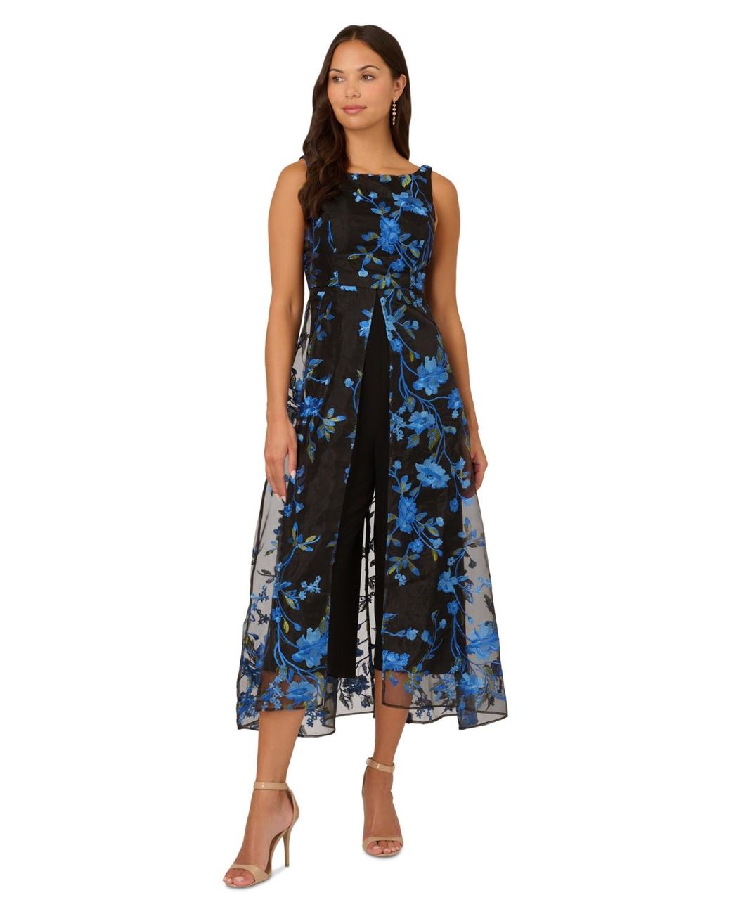 Adrianna Papell Embroidered Mesh-overlay Jumpsuit in Blue | Lyst