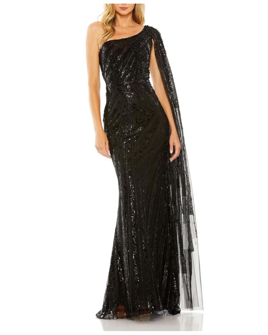 Mac Duggal One Shoulder Cape Sleeve Embellished Gown in Black | Lyst