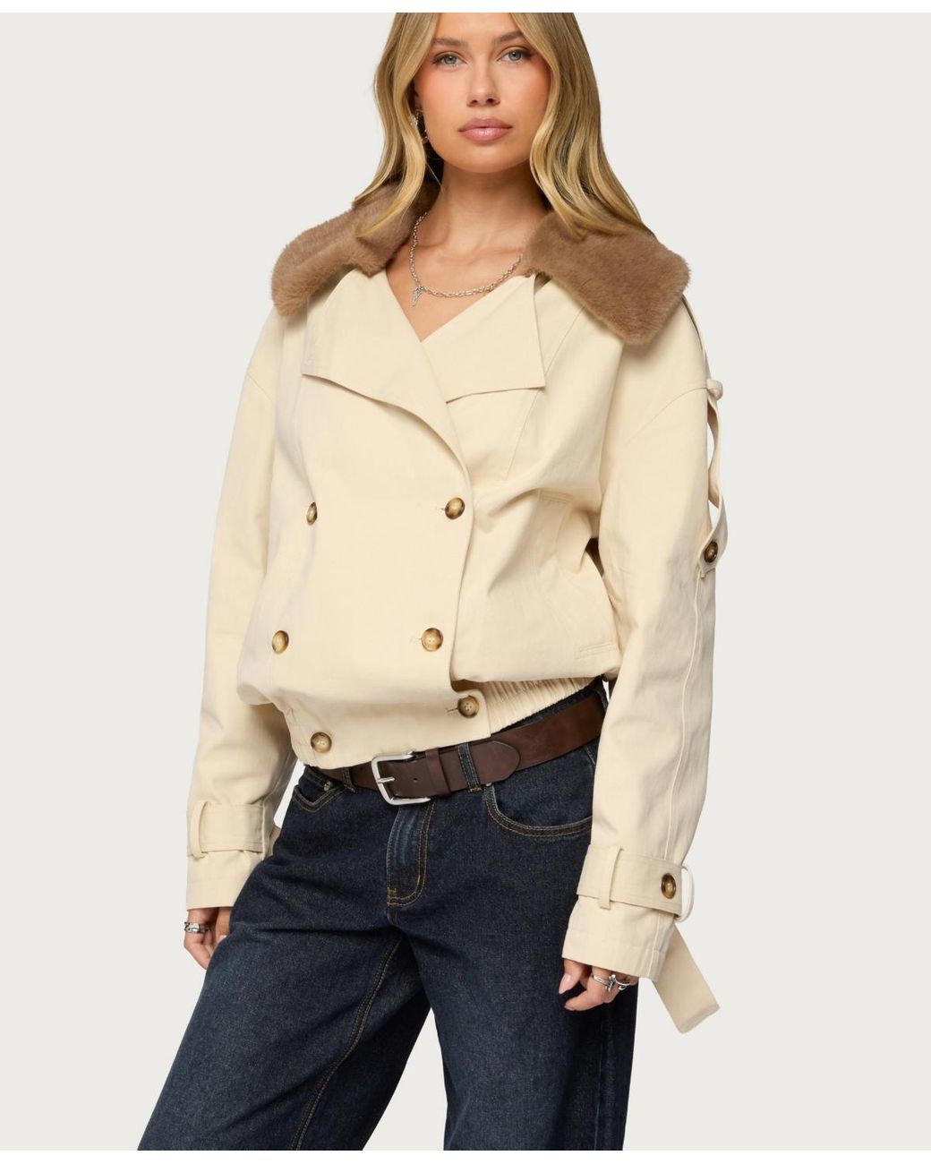 Edikted Detachable Faux Fur Trench Coat in Natural | Lyst