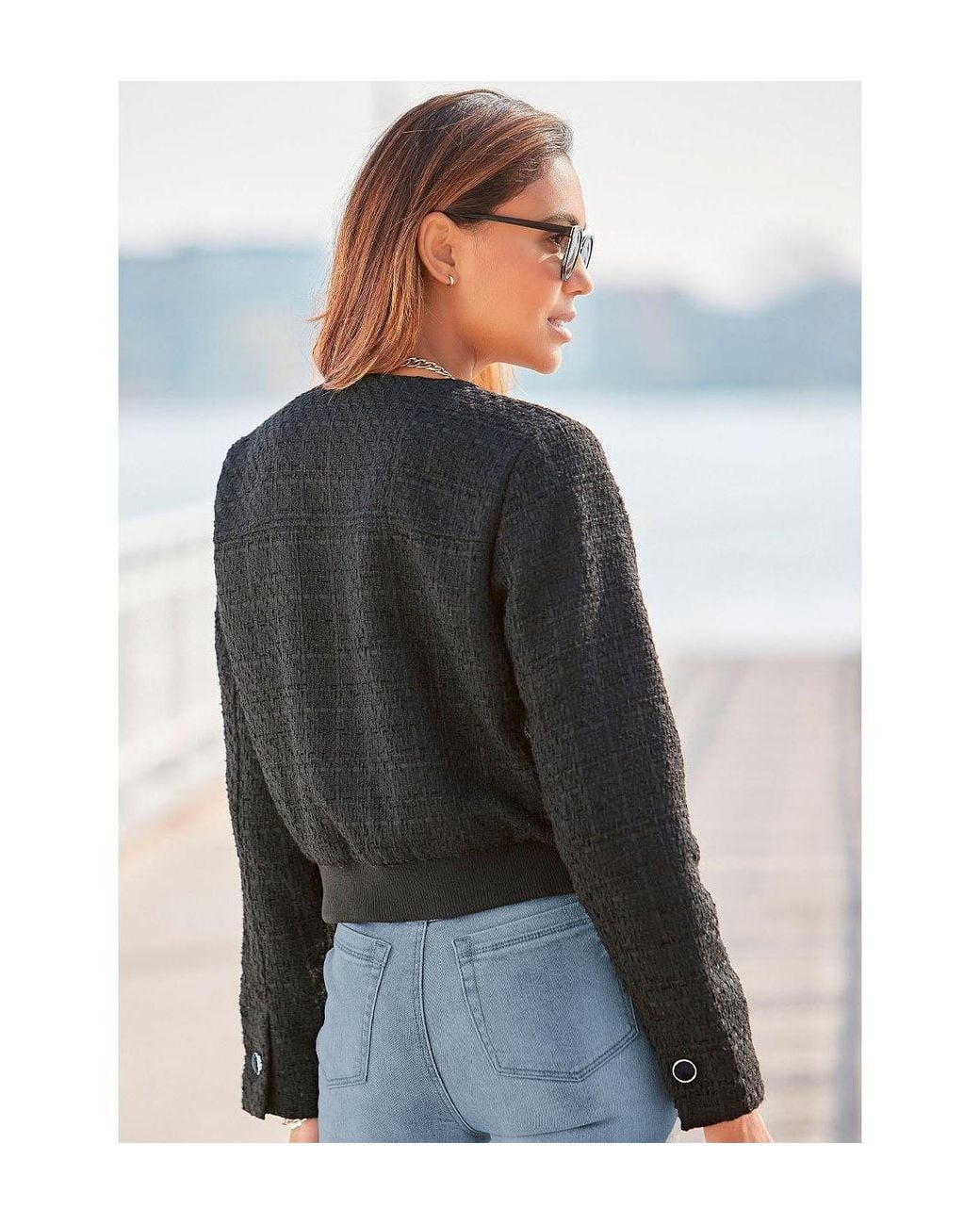 Lascana Round Neckline Tweed Jacket in Black | Lyst