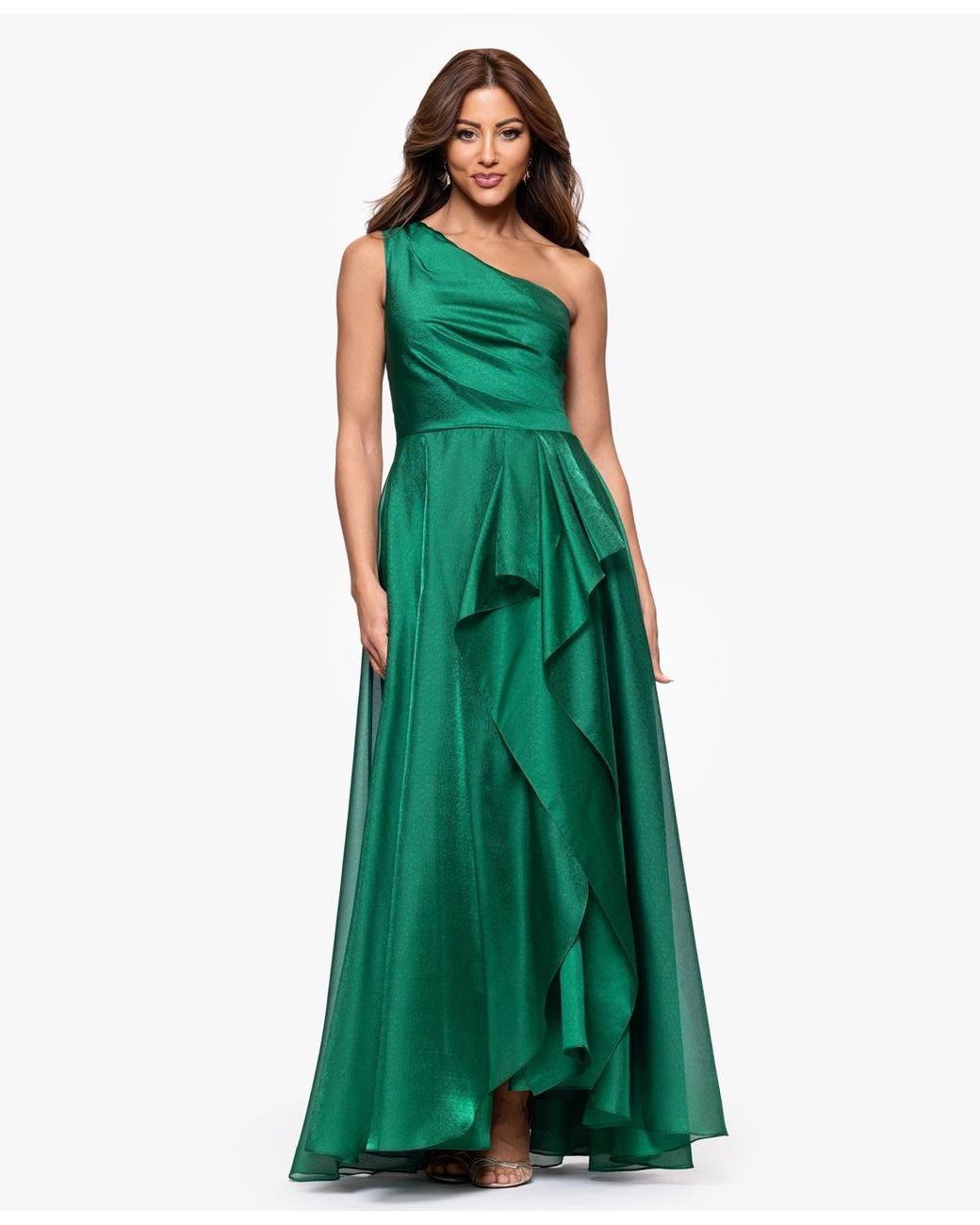Xscape Metallic Draped One-shoulder Gown in Green | Lyst