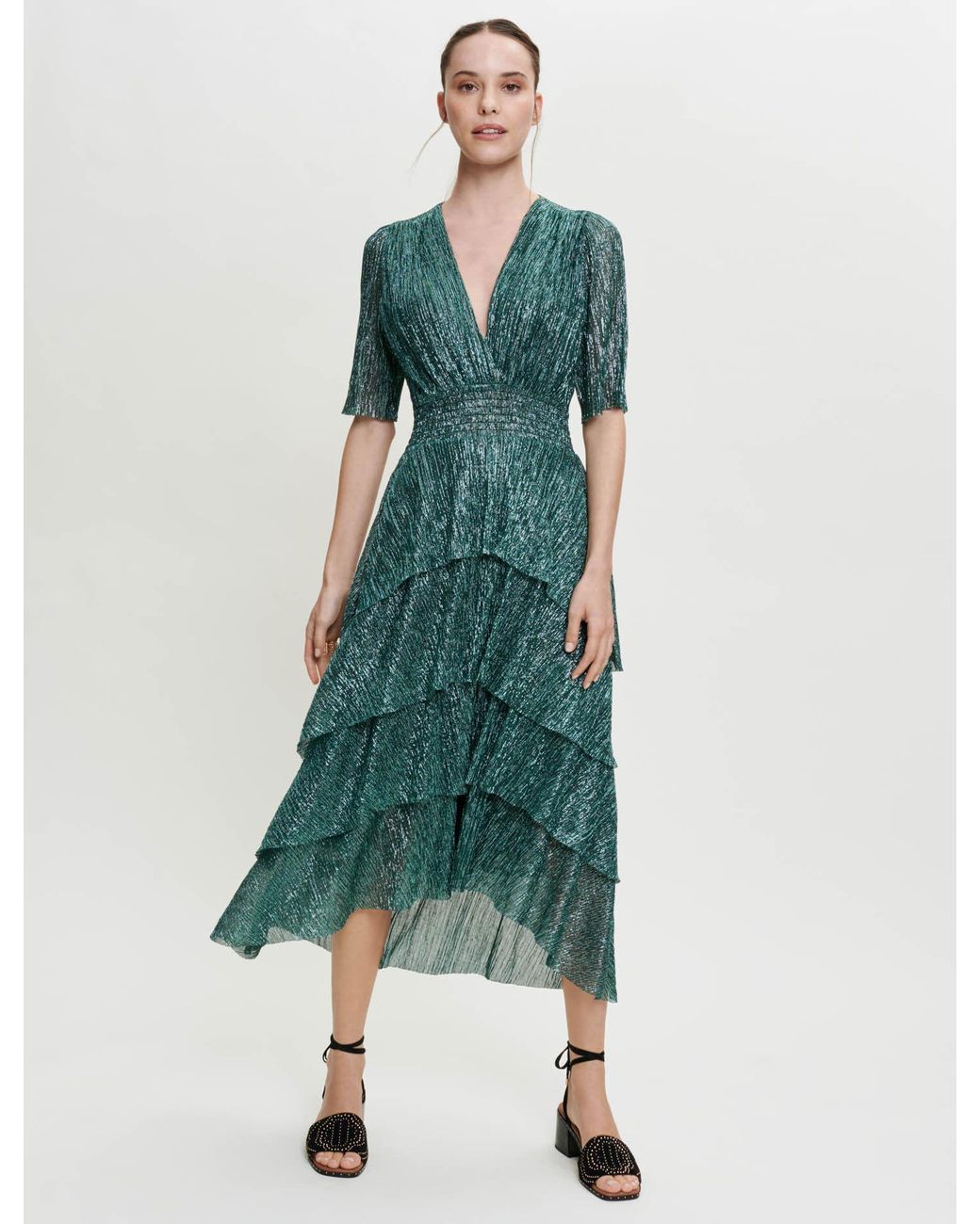 Maje Stretch Lurex Fabric Dress With Ruffles In Green Lyst Uk